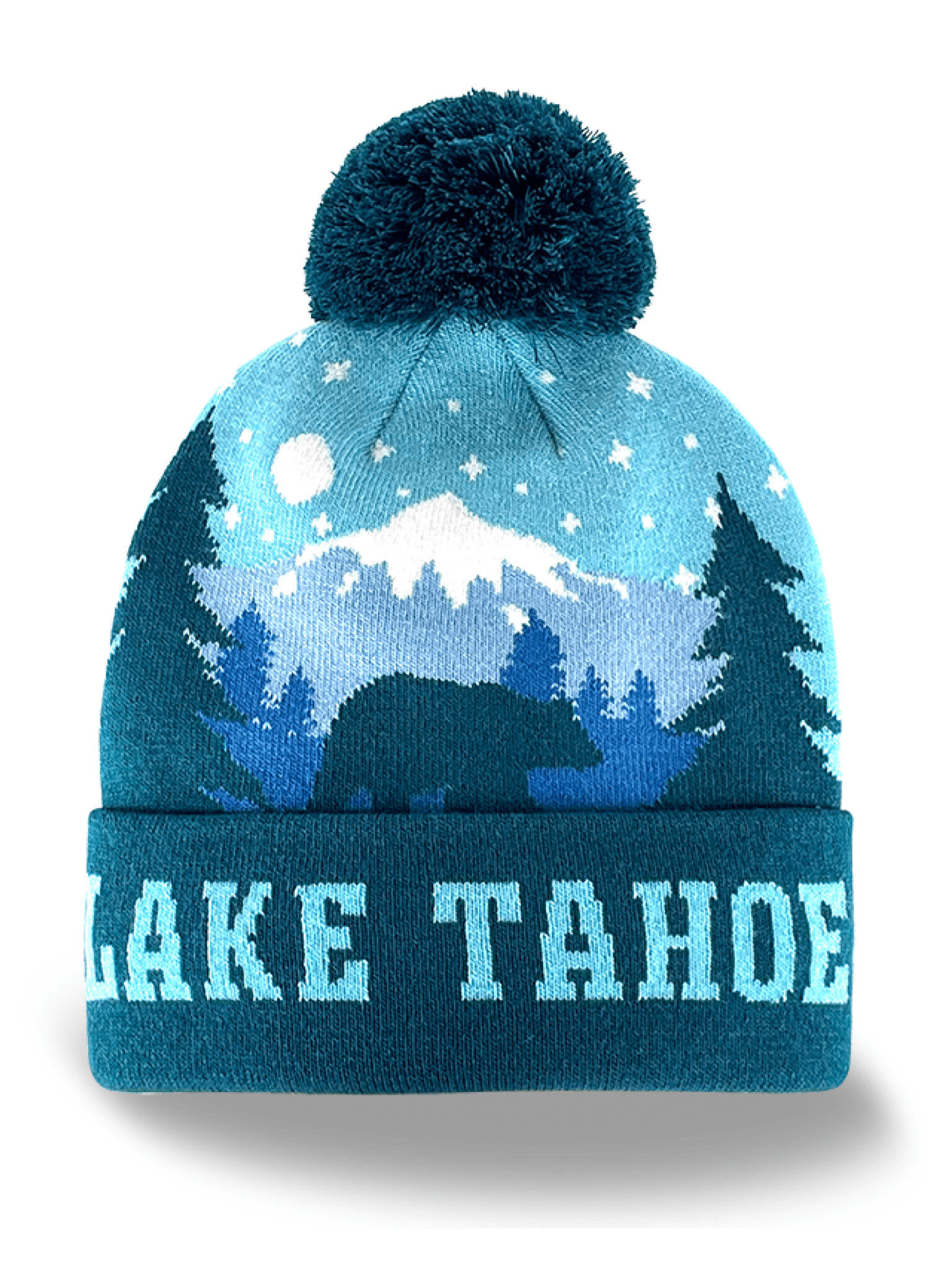 Lake Tahoe Bear Night Scenic Knit Beanie with Pom Pom Outdoor Adventur ...