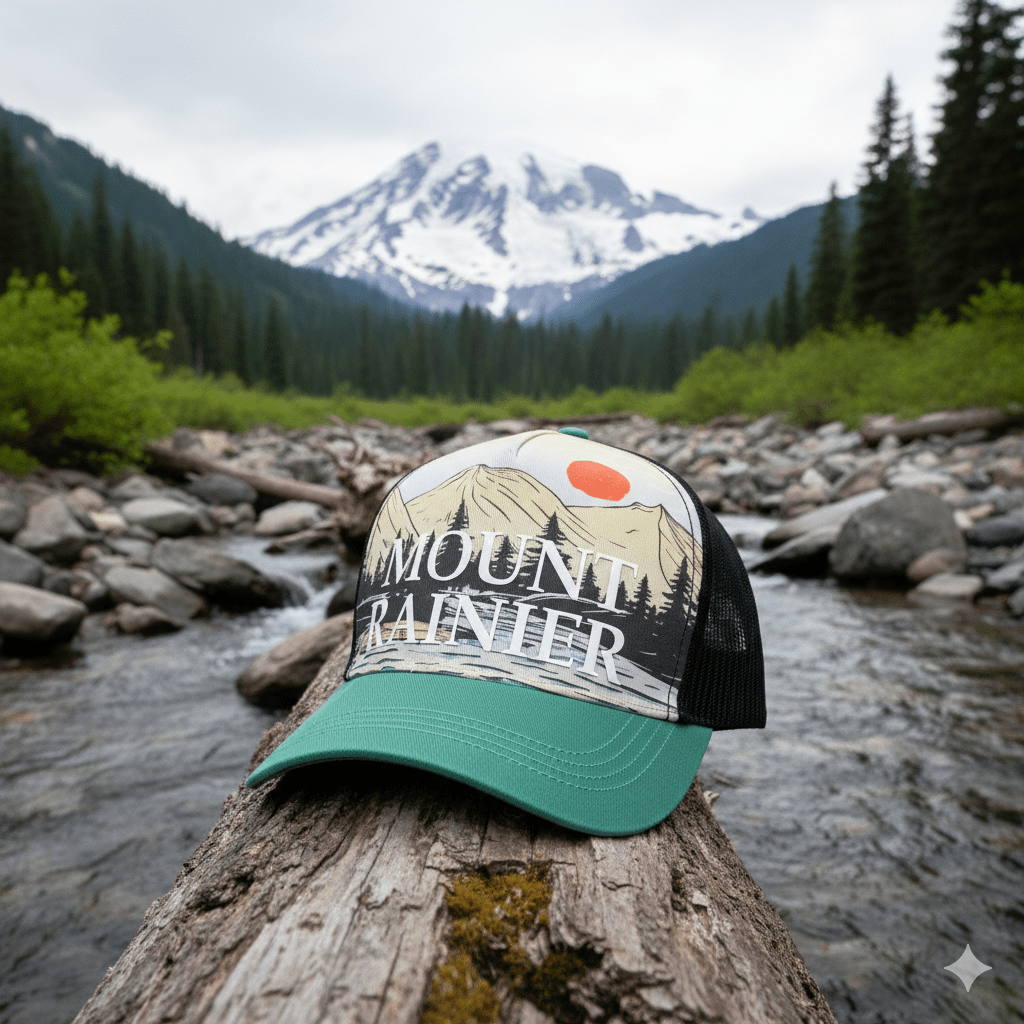 Mount Rainier Scenic Cap with Mountain Sunset Forest Trucker Hat ...